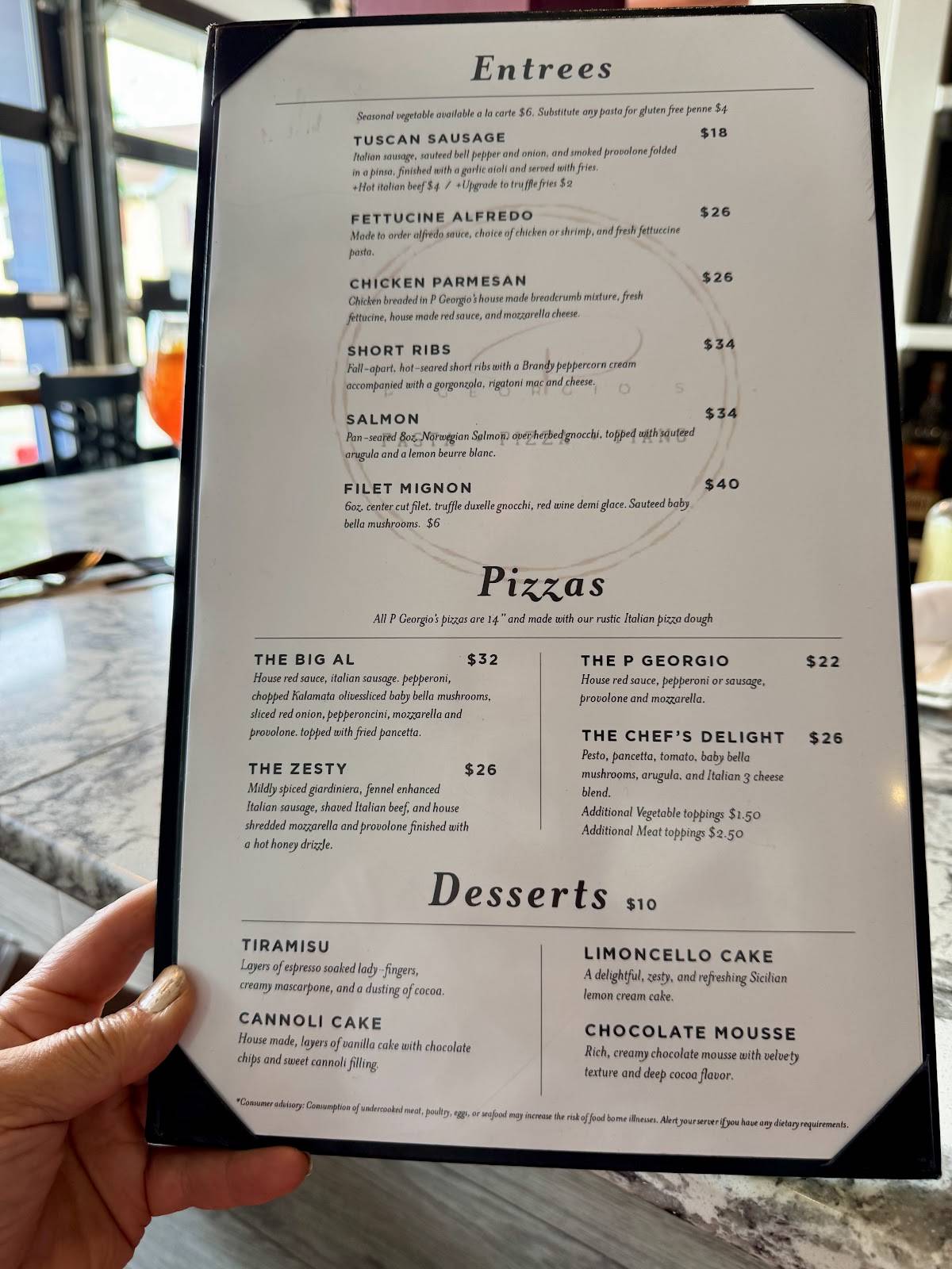 Menu at P Georgio’s Pasta, Pizza, Piano restaurant, Okauchee Lake