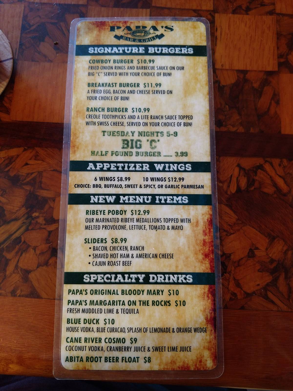 Menu at Papa's Bar & Grill, Natchitoches
