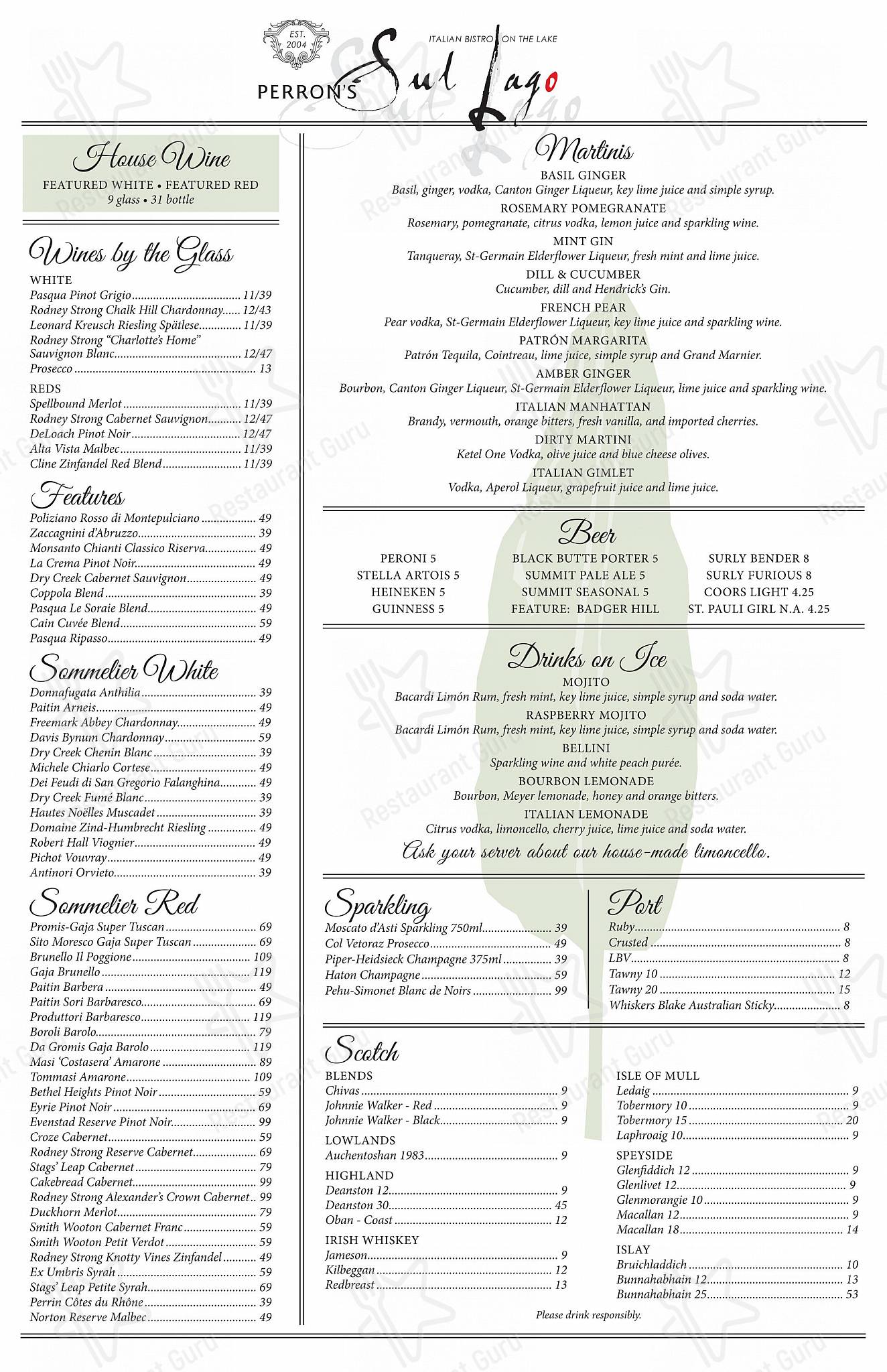 Menu at Perron's Sul Lago pub & bar, Prior Lake