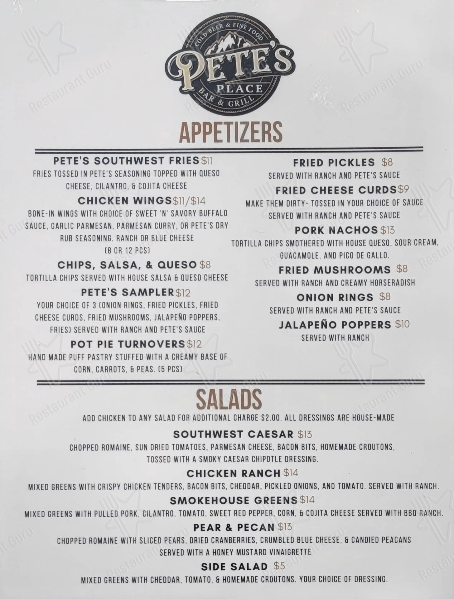 Menu at Pete's Place Bar & Grill, West Haven, S 1900th W