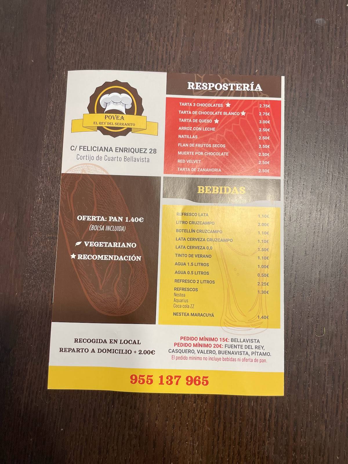 Carta de Restaurante Povea El rey del Serranito, Sevilla