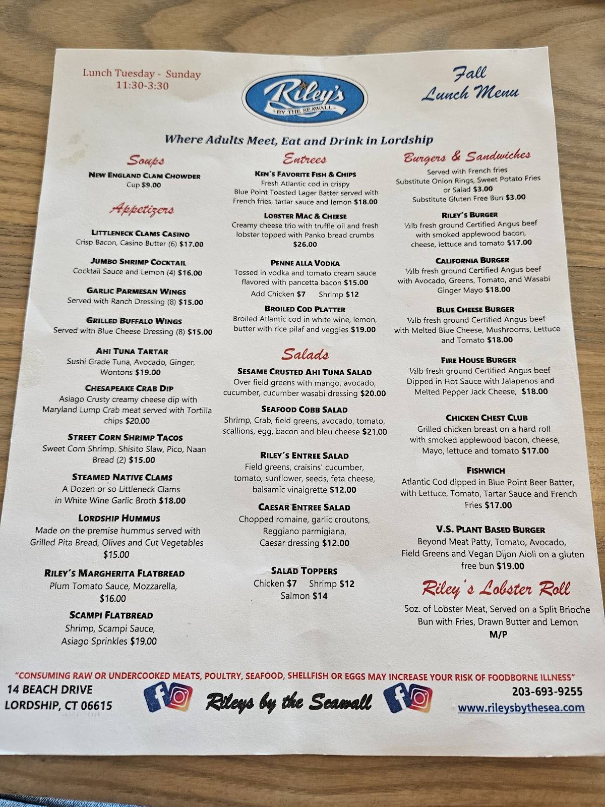 Menu at Riley's by the Sea pub & bar, Stratford