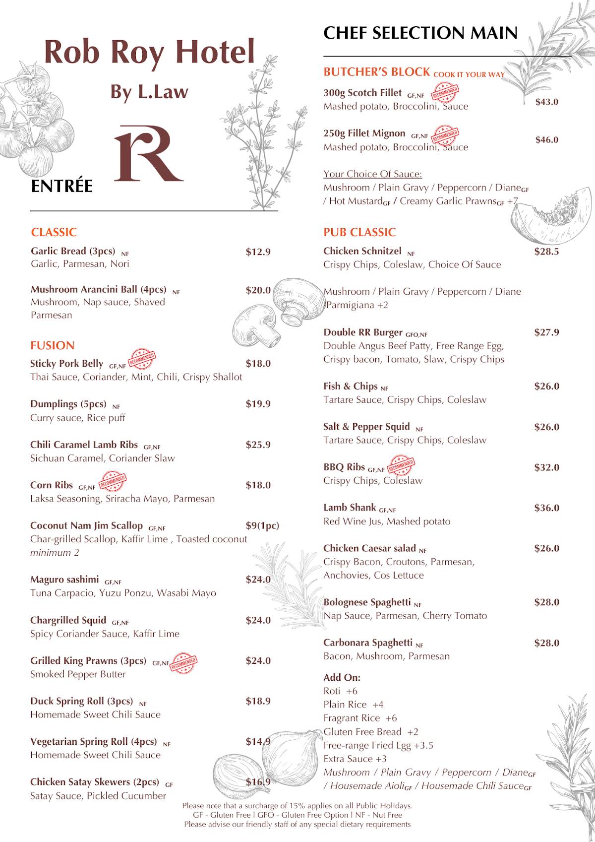 Menu at Rob Roy Hotel pub & bar, Adelaide