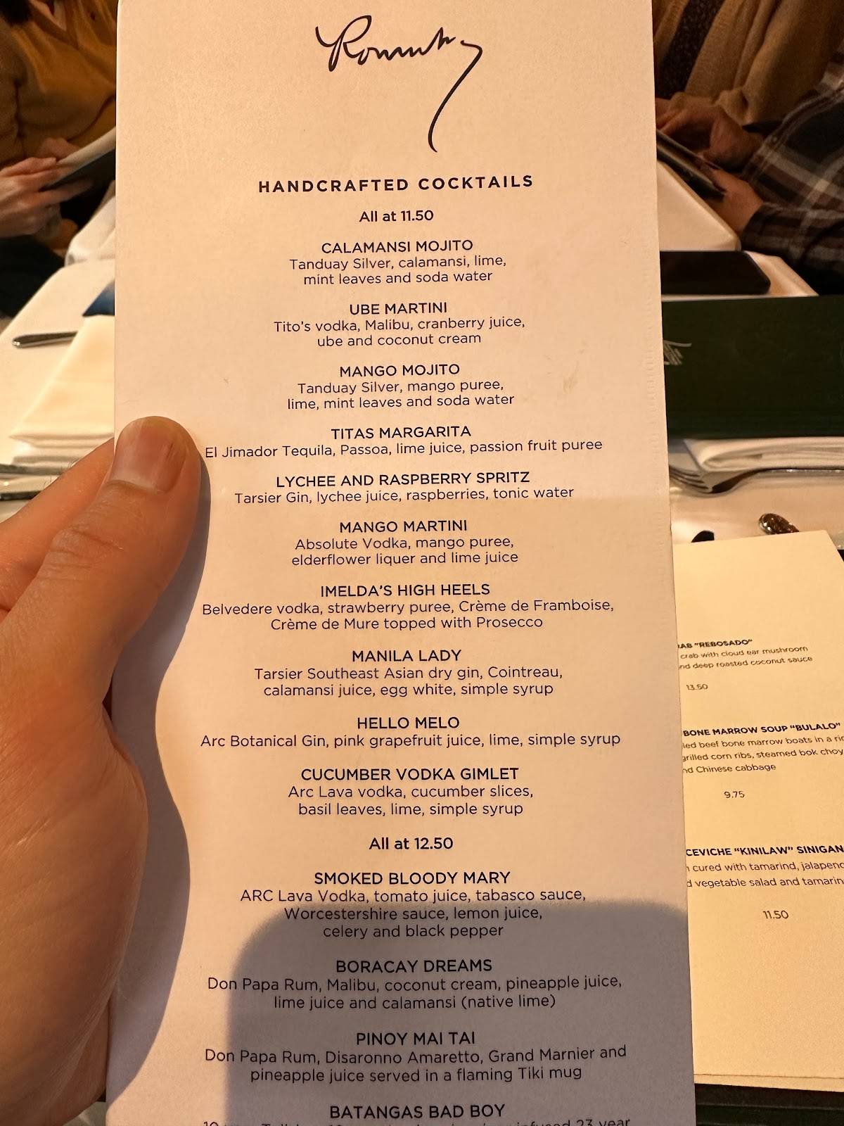 Menu at Romulo Café & Restaurant, London