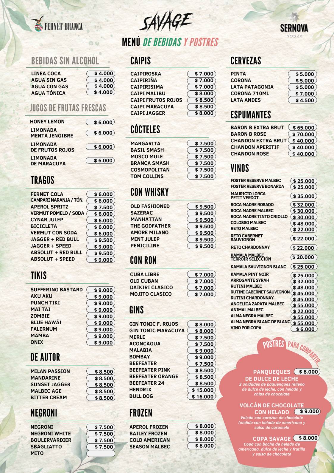 Carta de Savage Lounge Bar, Avellaneda