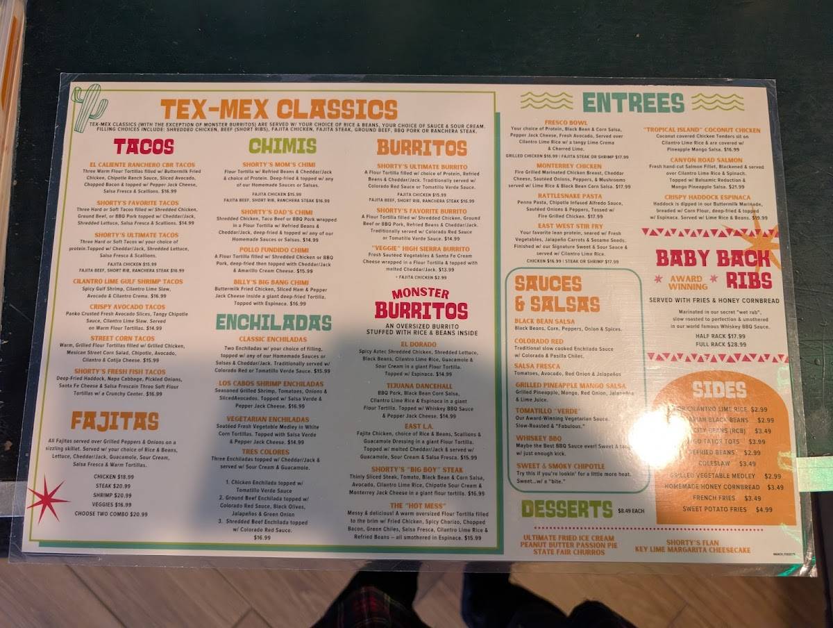 Menu at Shorty's Mexican Roadhouse pub & bar, Manchester, Bicentennial Dr