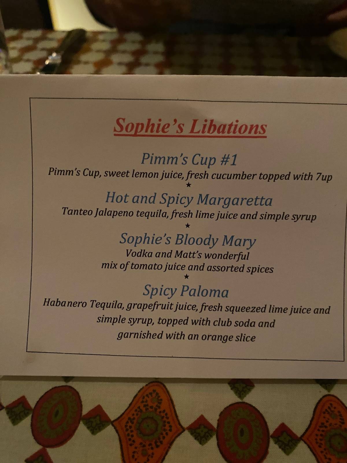 Menu at Sophie's Bistro pub & bar, Franklin Township