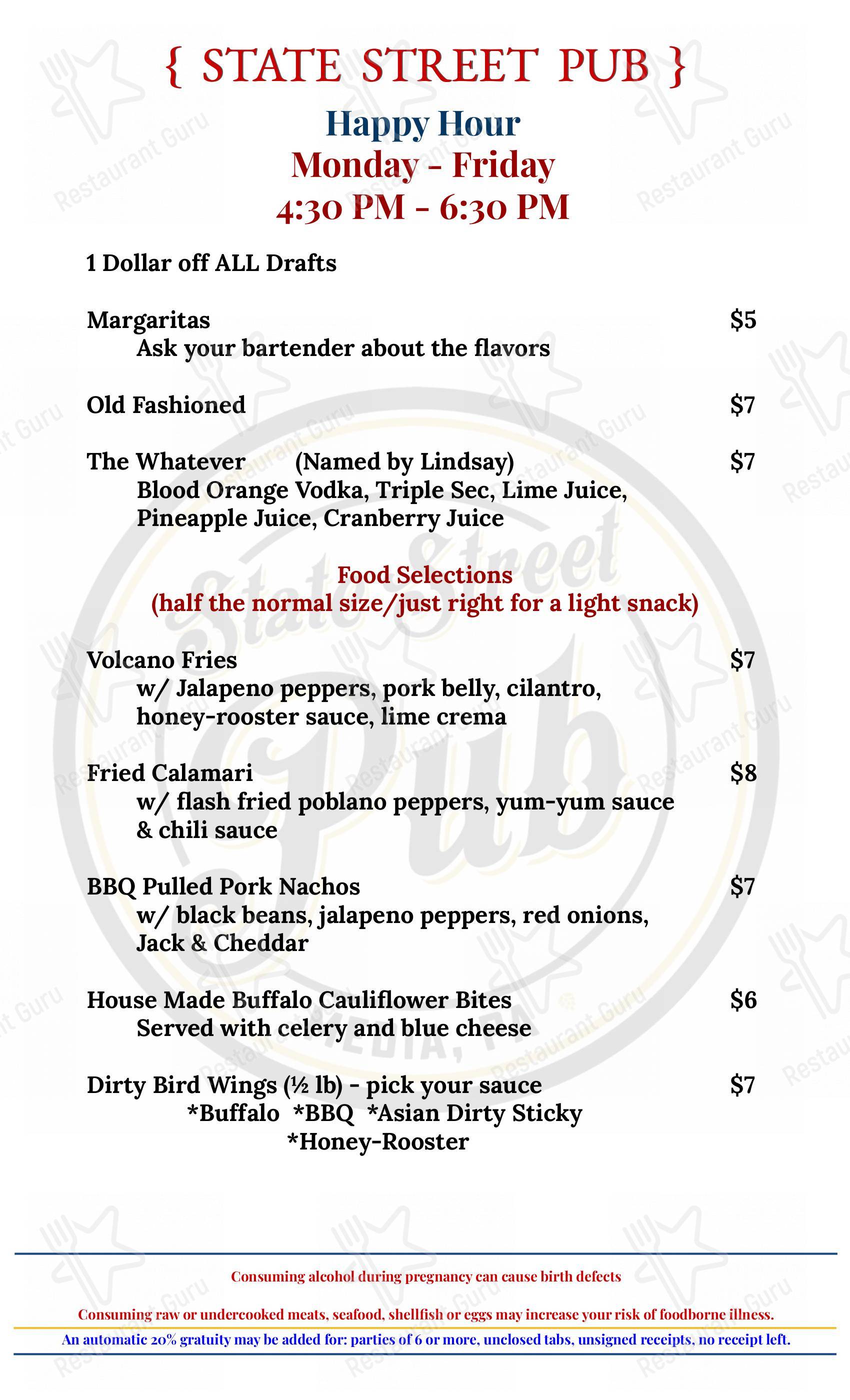 Menu at State Street Pub, Media