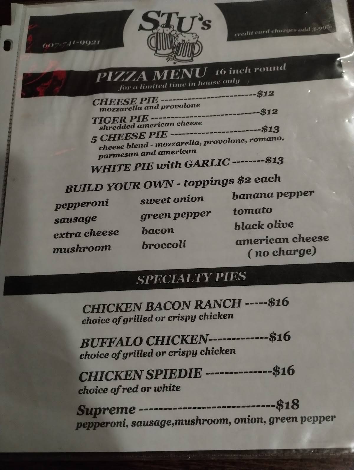 Menu at Stu's Place pub & bar, Endicott