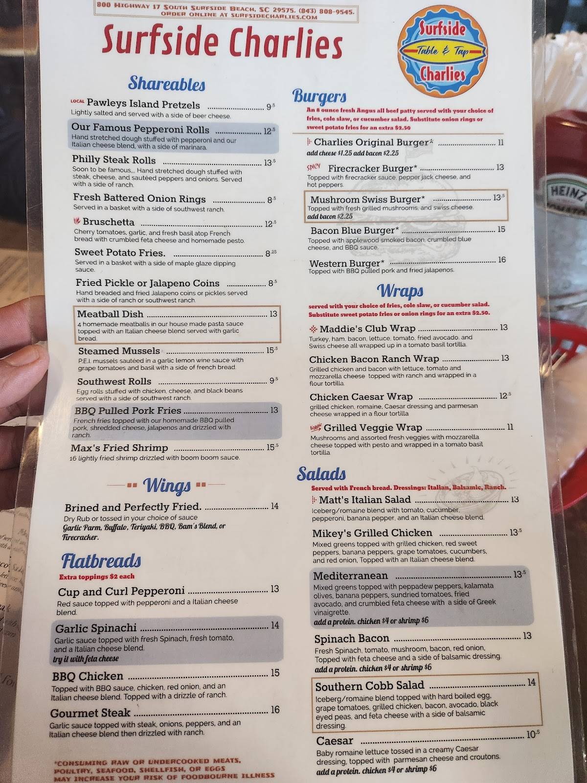 Menu at Surfside Charlies pub & bar, Surfside Beach