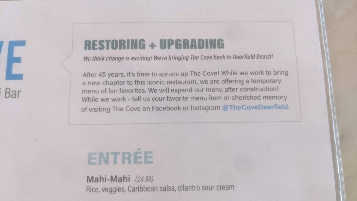 Menu at The Cove Waterfront Restaurant and Tiki Bar, Deerfield Beach