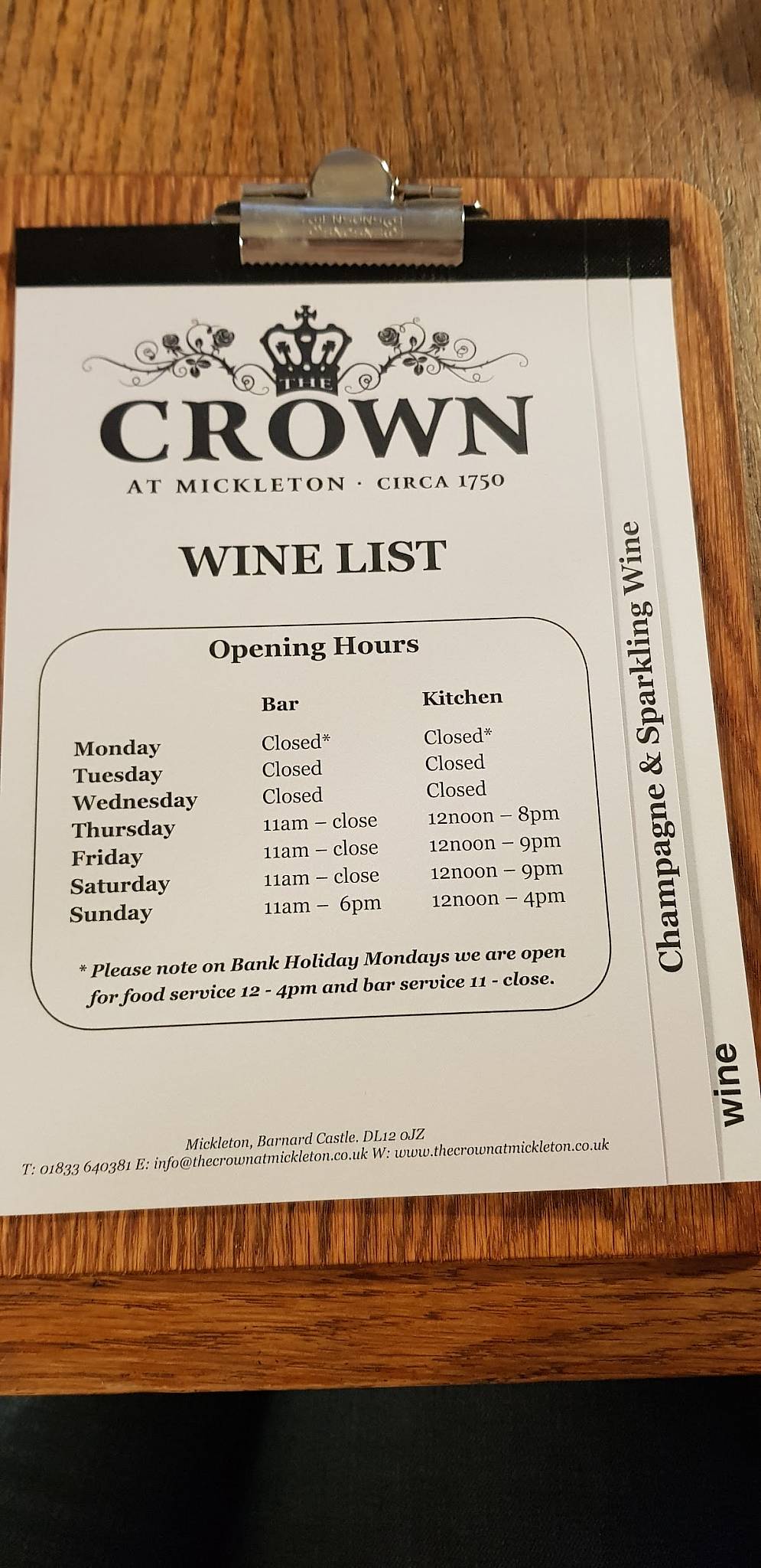 Menu at The Crown at Mickleton pub & bar, Middleton-in-Teesdale, Mickleton