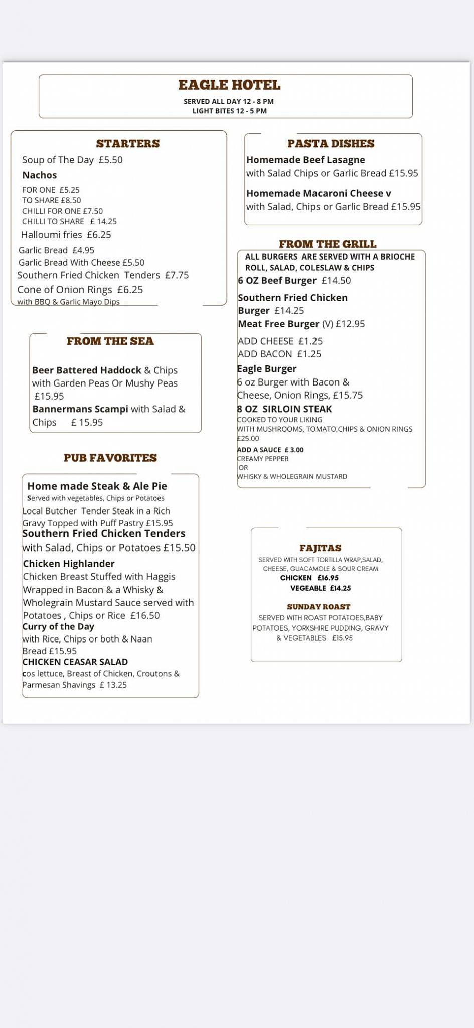 Menu at Eagle Hotel Bar, Dornoch, Dornoch
