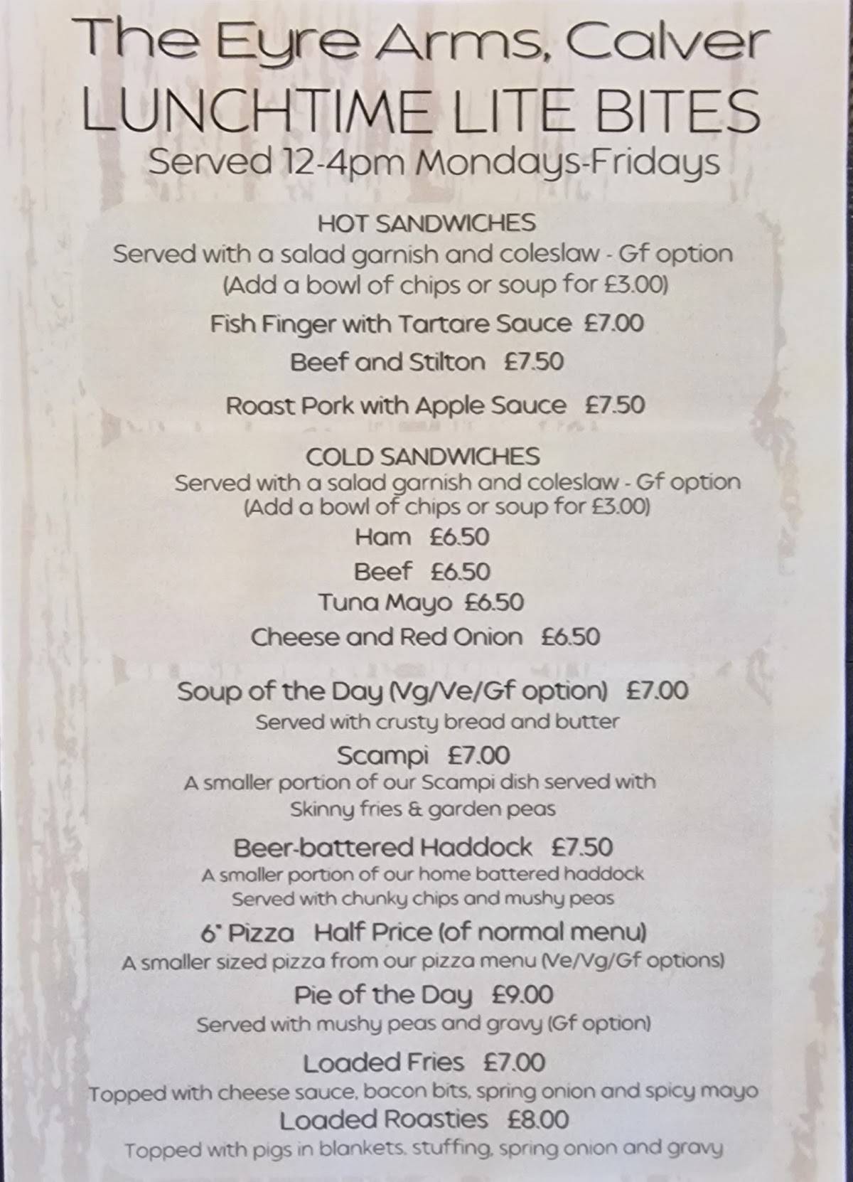 Menu at The Calver Arms pub & bar, Eyam, Peak District National Park
