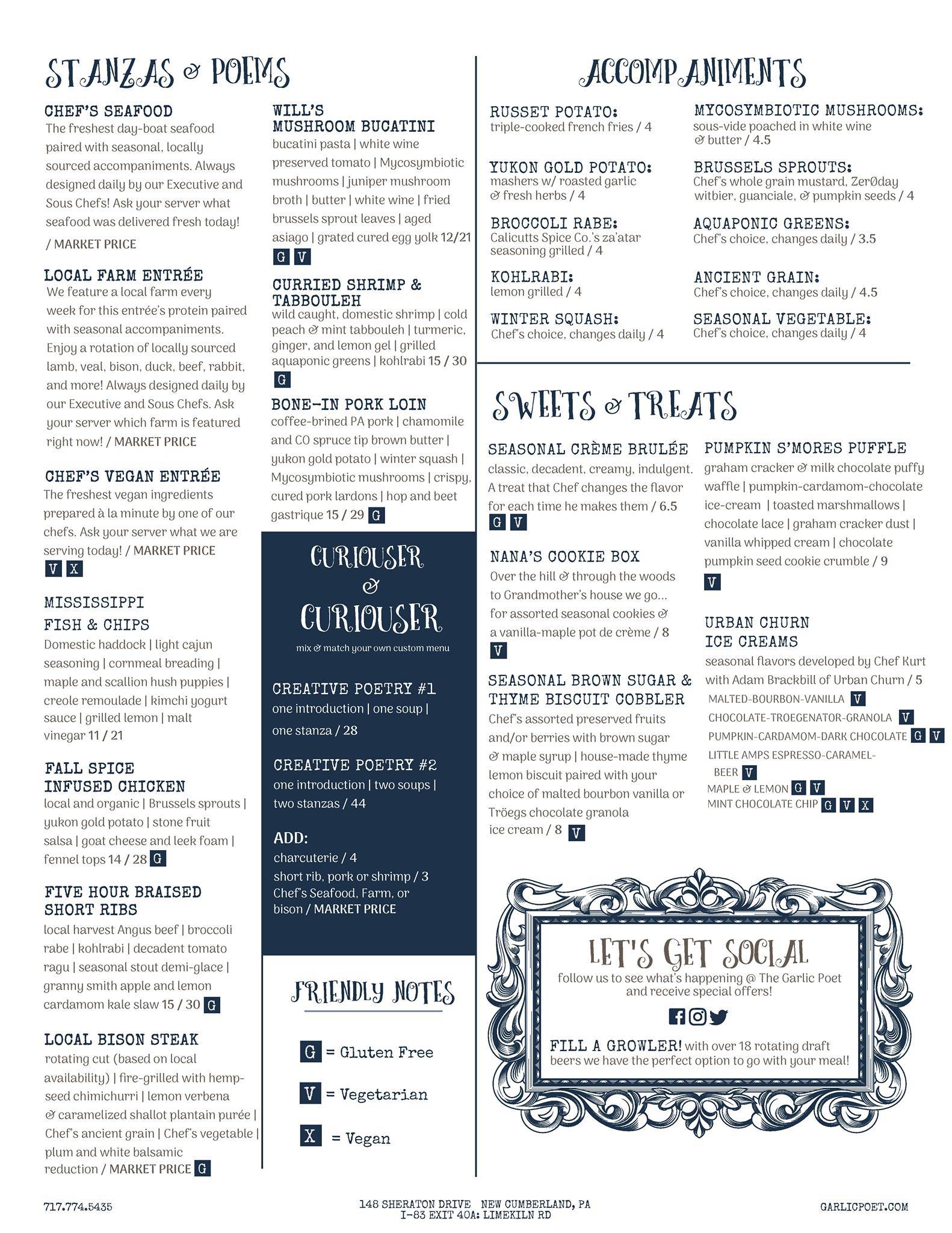 Menu at The Garlic Poet Restaurant & Bar, New Cumberland