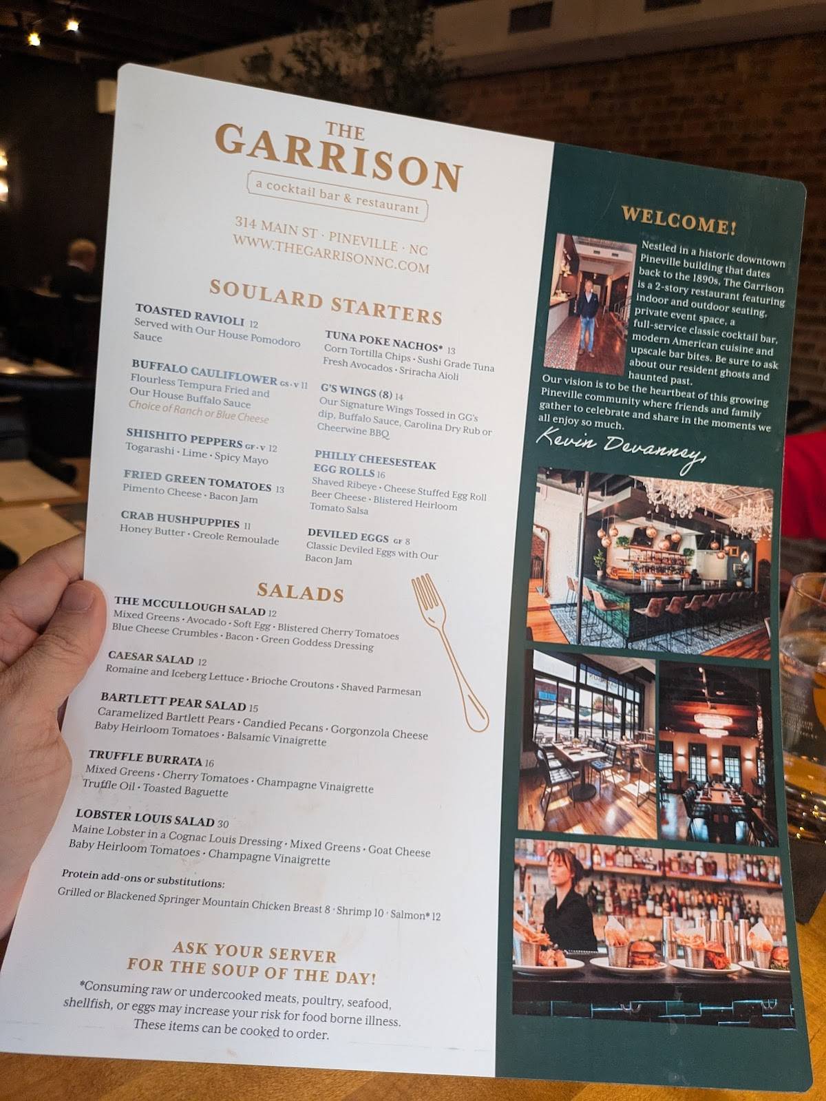 Menu at The Garrison Cocktail Bar & Restaurant, Pineville