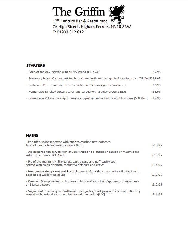 Menu at The Griffin Inn pub & bar, Rushden