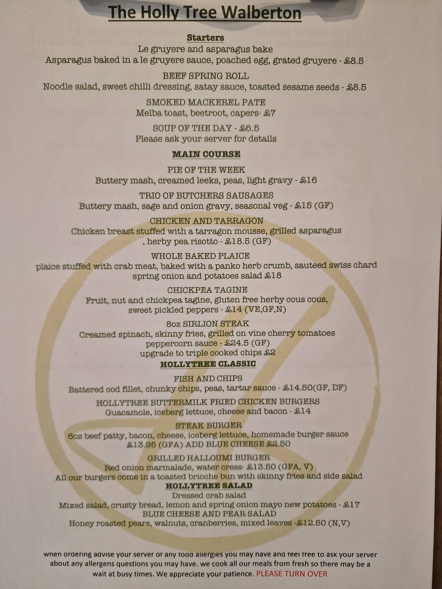 Menu at The Holly Tree pub & bar, Arundel