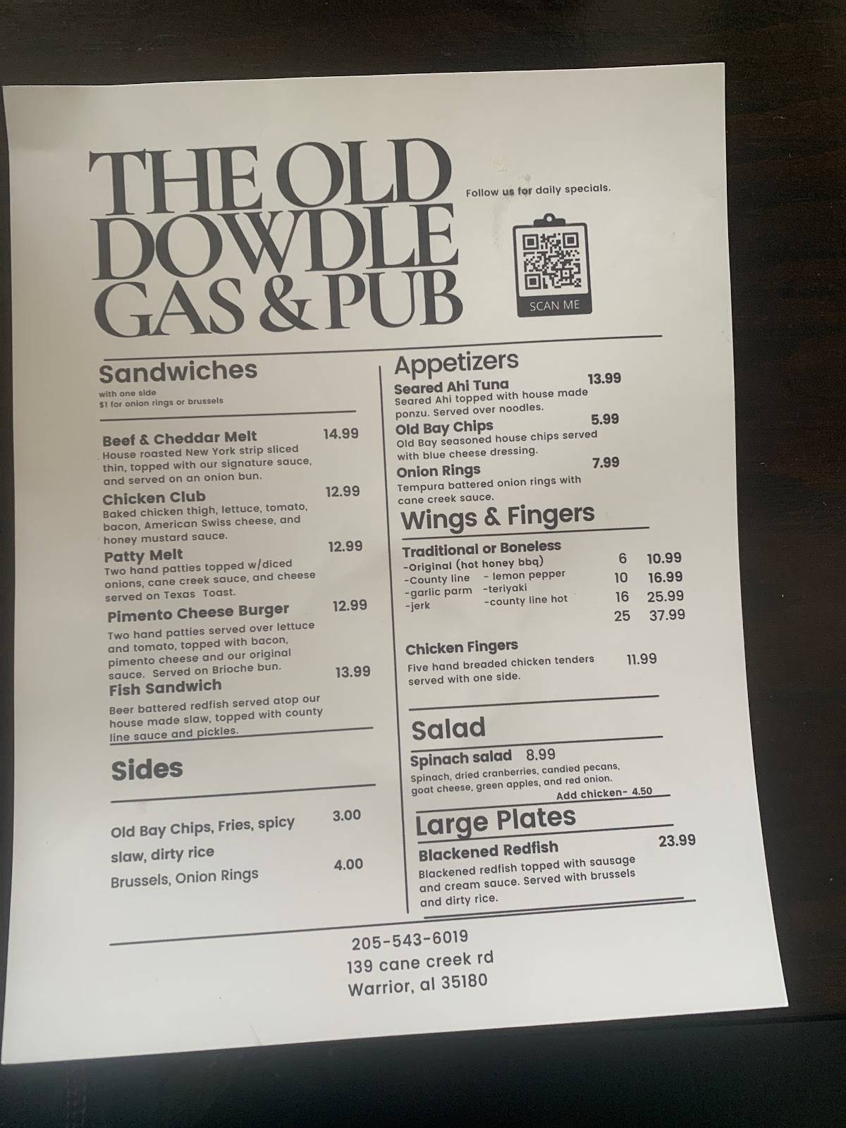 Menu at The Old Dowdle Gas & Pub, Warrior