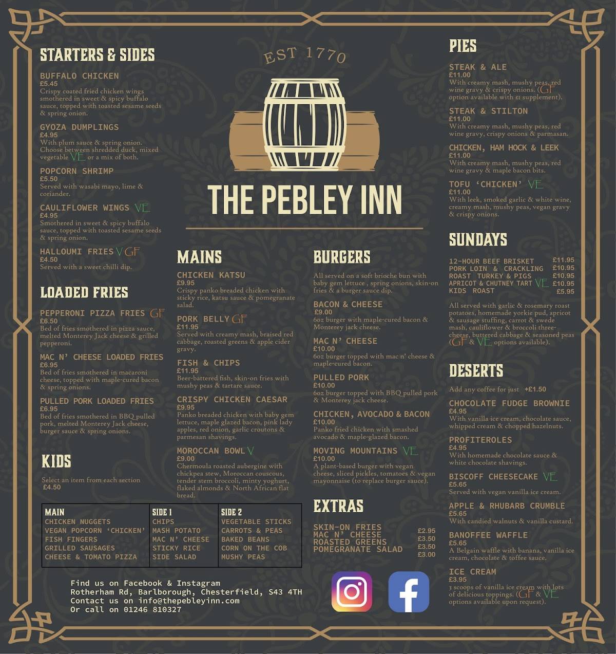 Menu at The Pebley Inn pub & bar, Clowne, The Pebley Inn