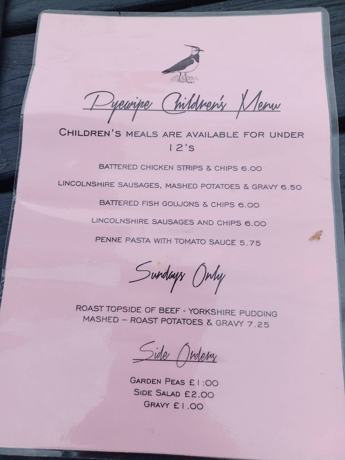 Menu at The Pyewipe Inn pub & bar, Lincoln