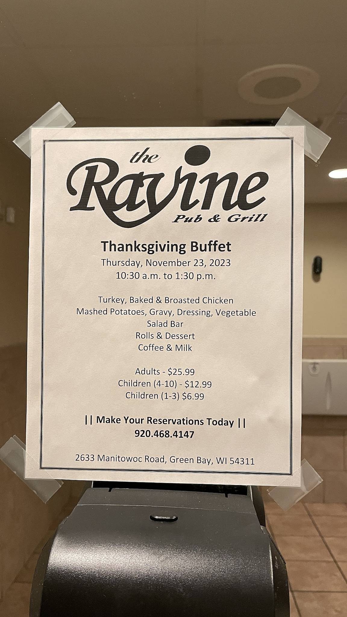 Menu at The Ravine Pub, Grill & Banquet Hall, Green Bay
