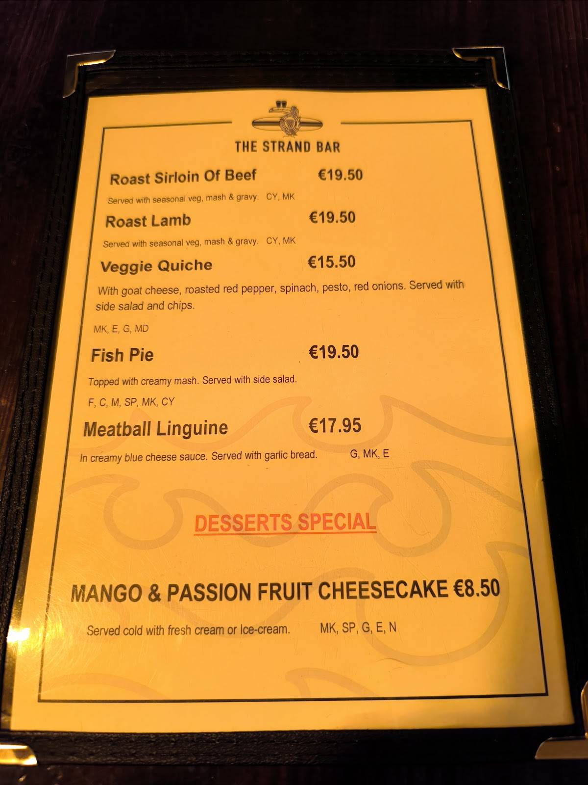 Menu at The Strand Bar, Strandhill
