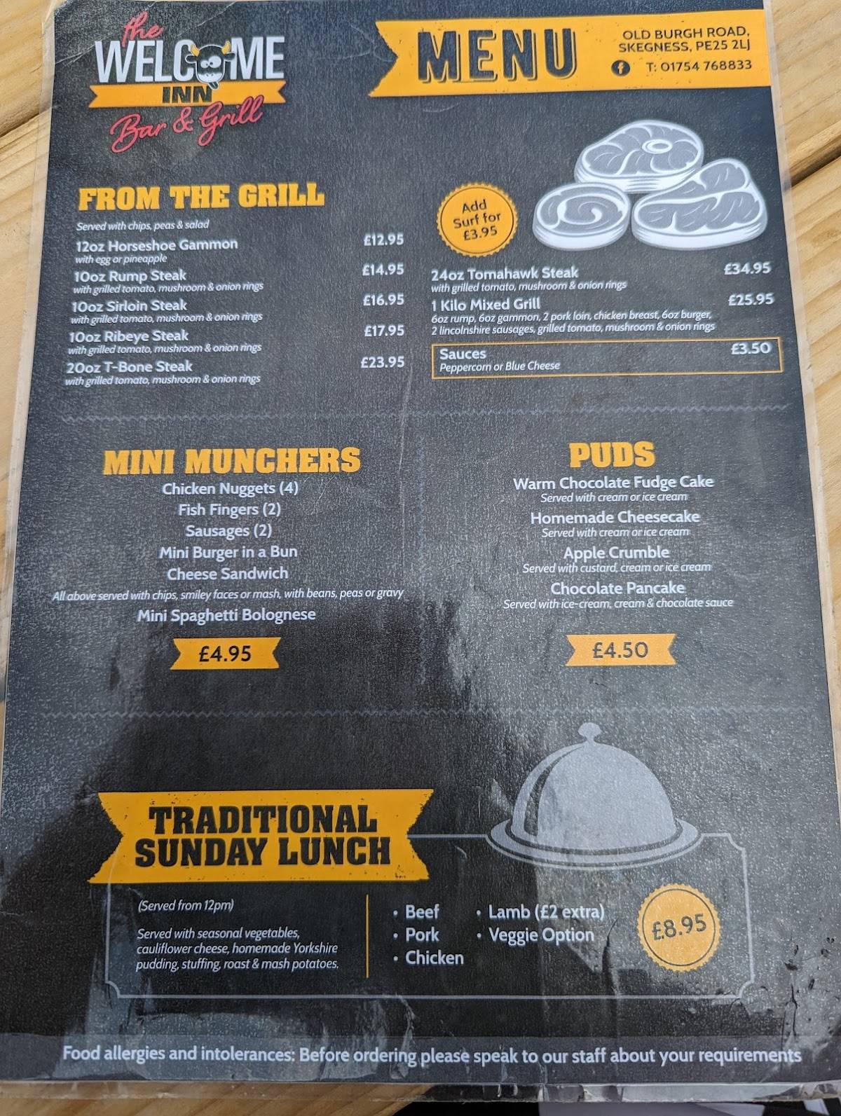 Menu at The Welcome Inn pub & bar, Skegness, Burgh Old Rd