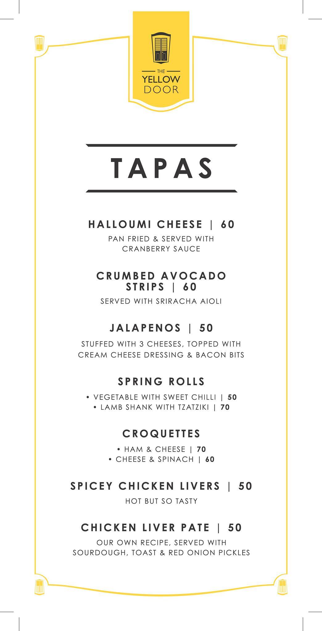 Menu at The Yellow Door @ Boca pub & bar, Port Elizabeth