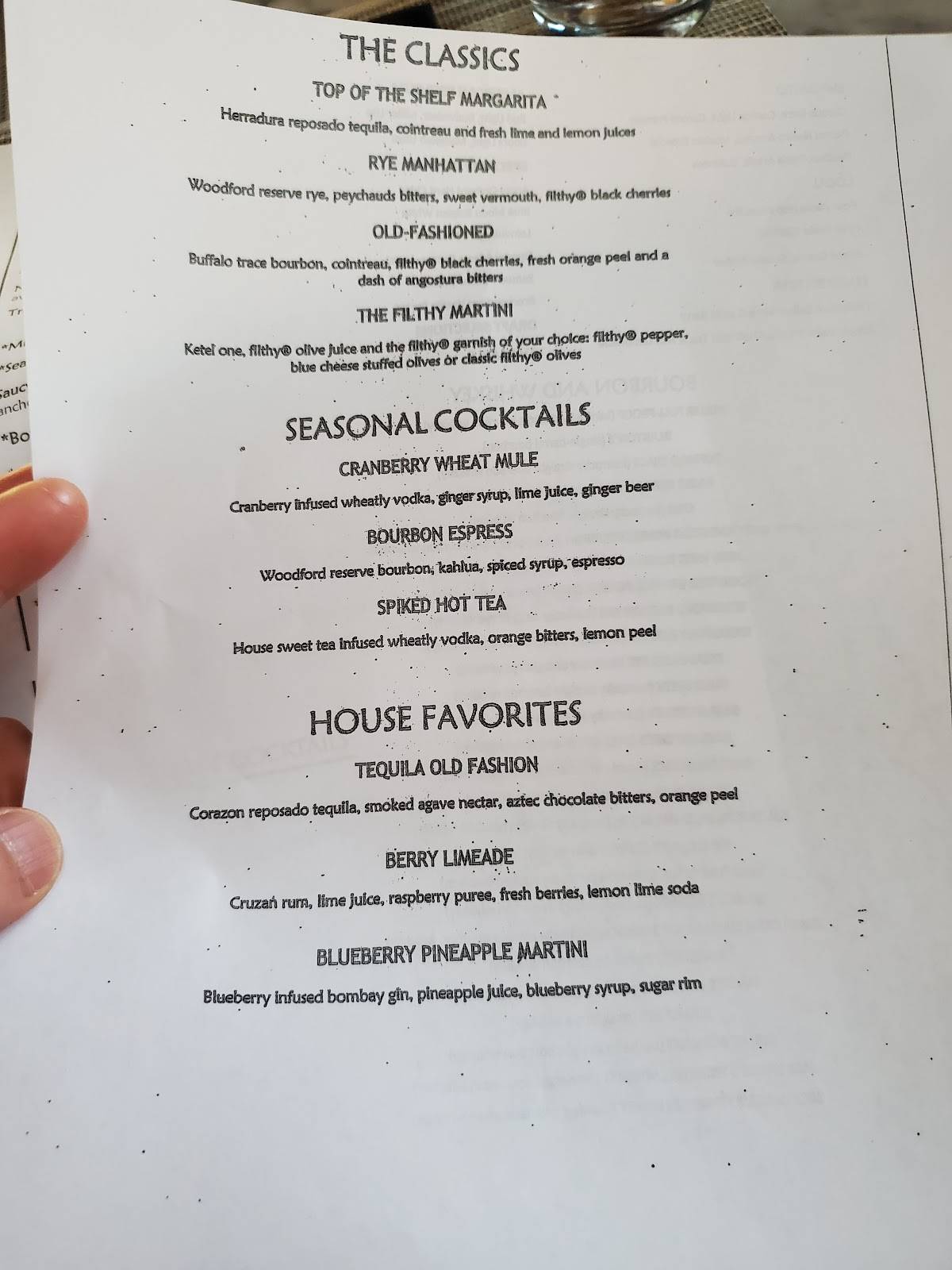 Menu at Top of the Rock Restaurant, Tempe