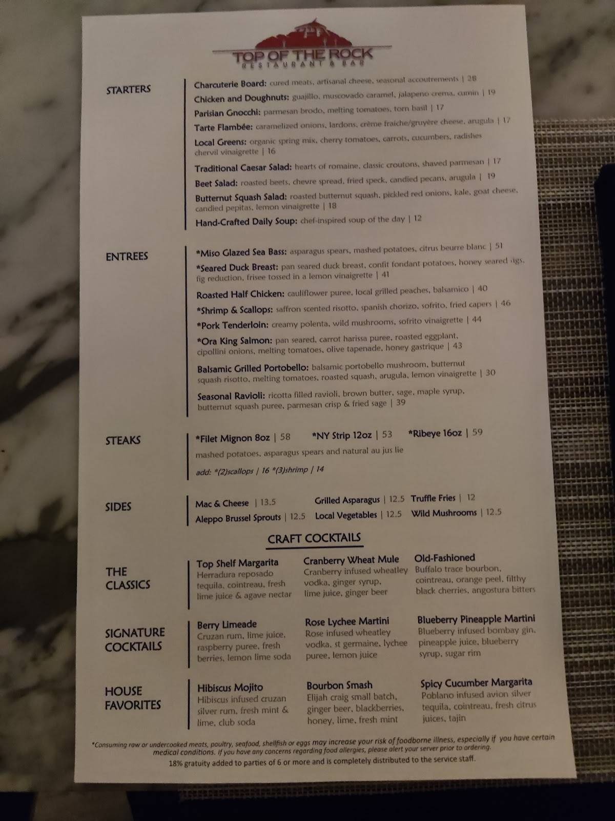 Menu at Top of the Rock Restaurant, Tempe