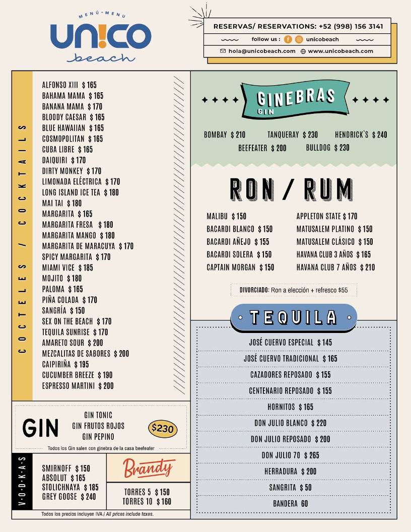 Carta del pub y bar Unico Beach, Puerto Morelos