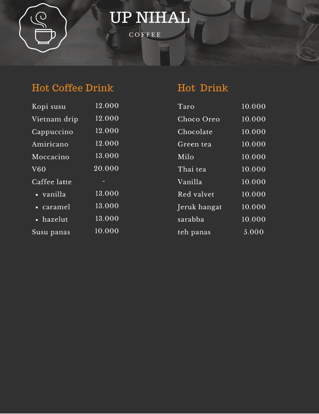 Menu at Up Nihal coffee pub & bar, Bangkala