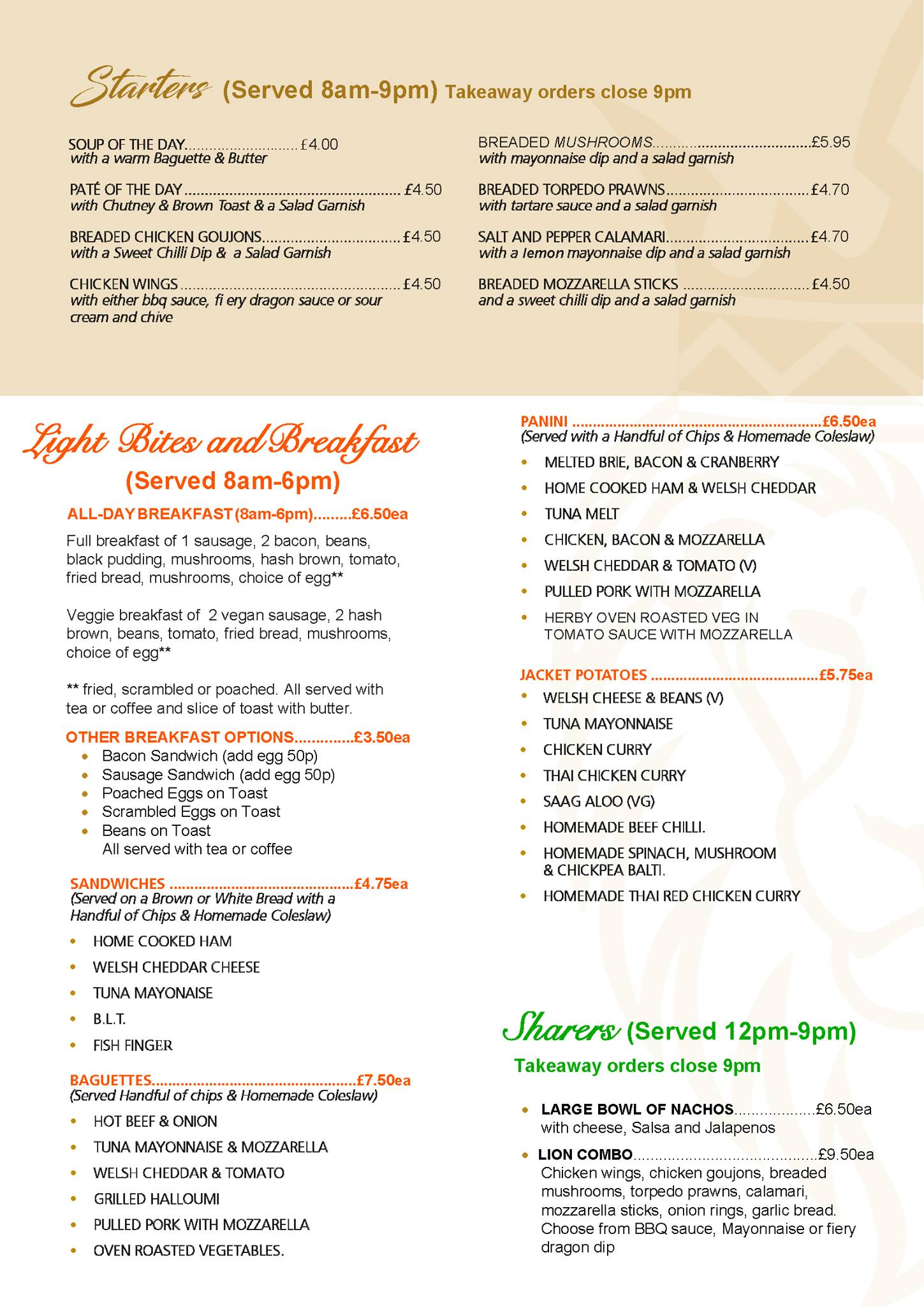 Menu at White Lion Hotel pub & bar, Machynlleth