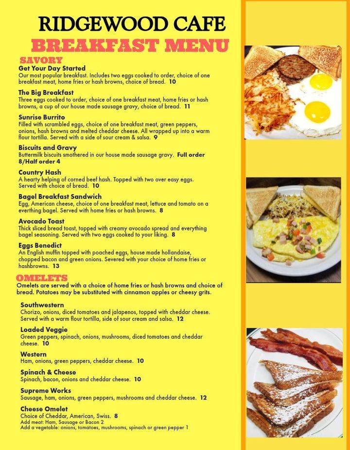 Menu at The Ridgewood Cafe, Springfield, N Plum St