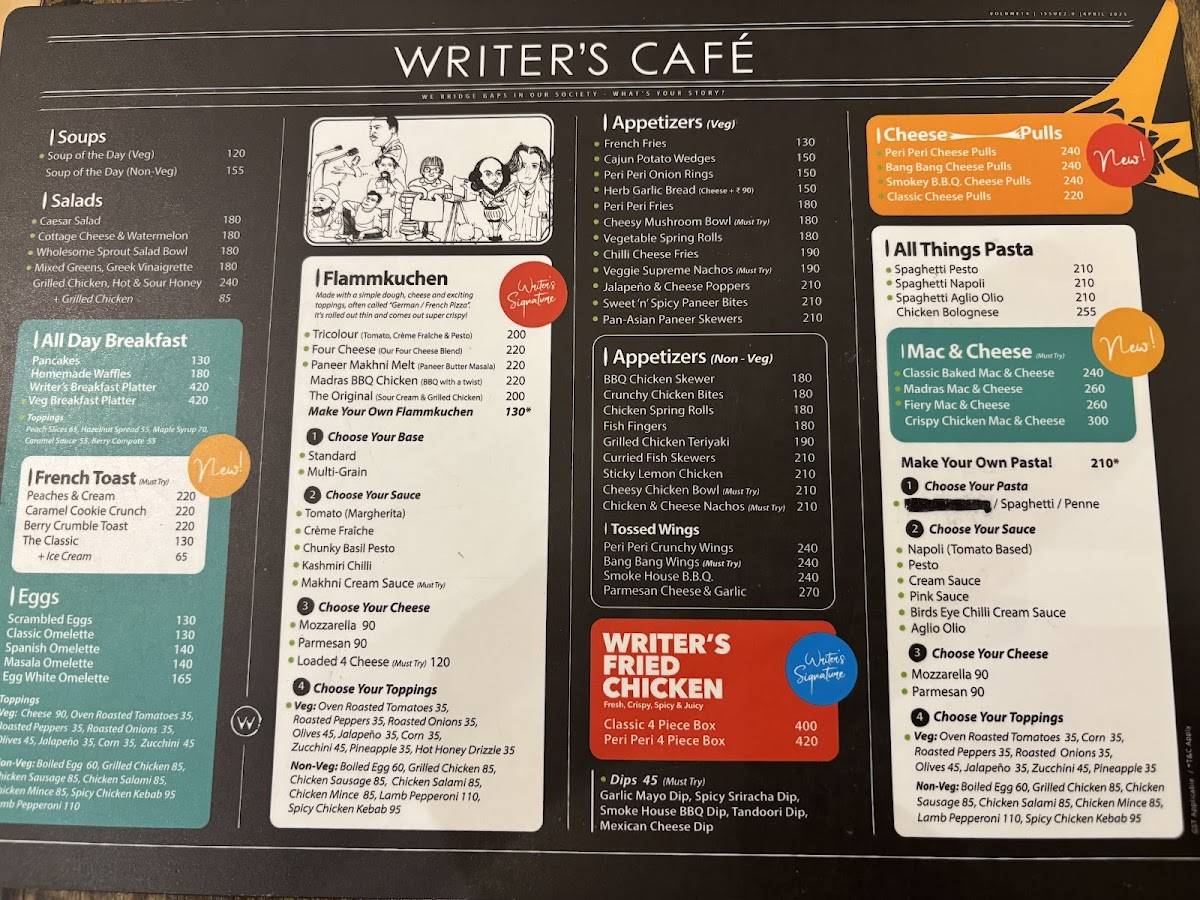 Menu at Writer's Café, Puducherry