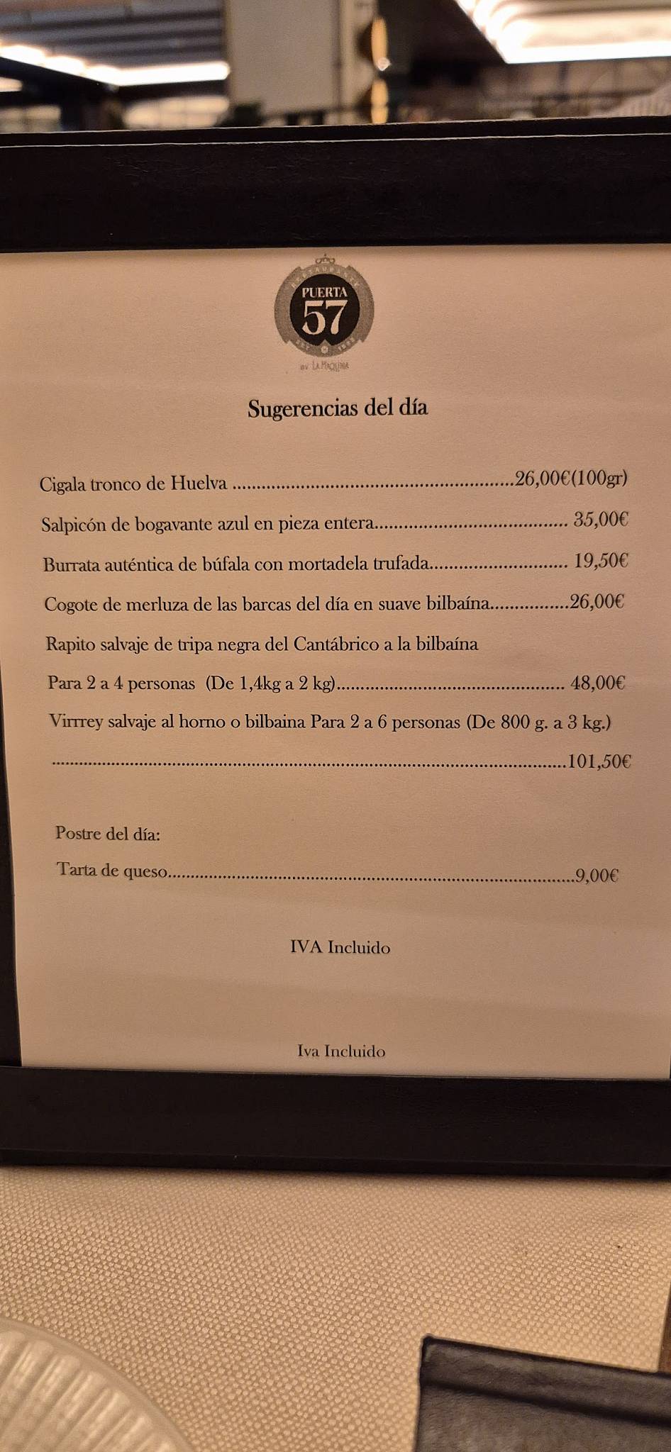 Menu at Puerta 57 pub & bar, Madrid, Estadio Santiago Bernabéu