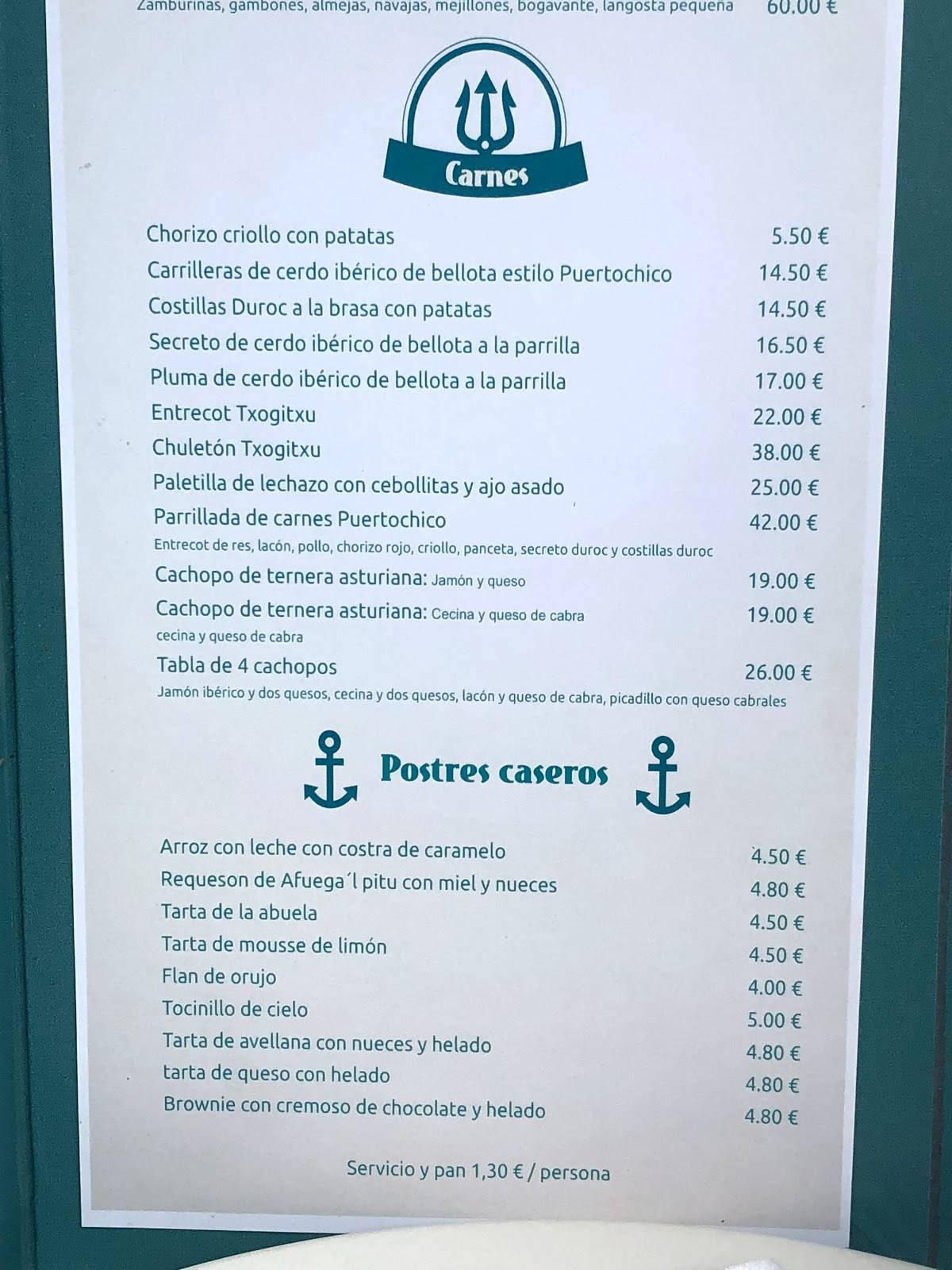 Carta de Puerto Chico Restaurante, Muros de Nalón, La Barra