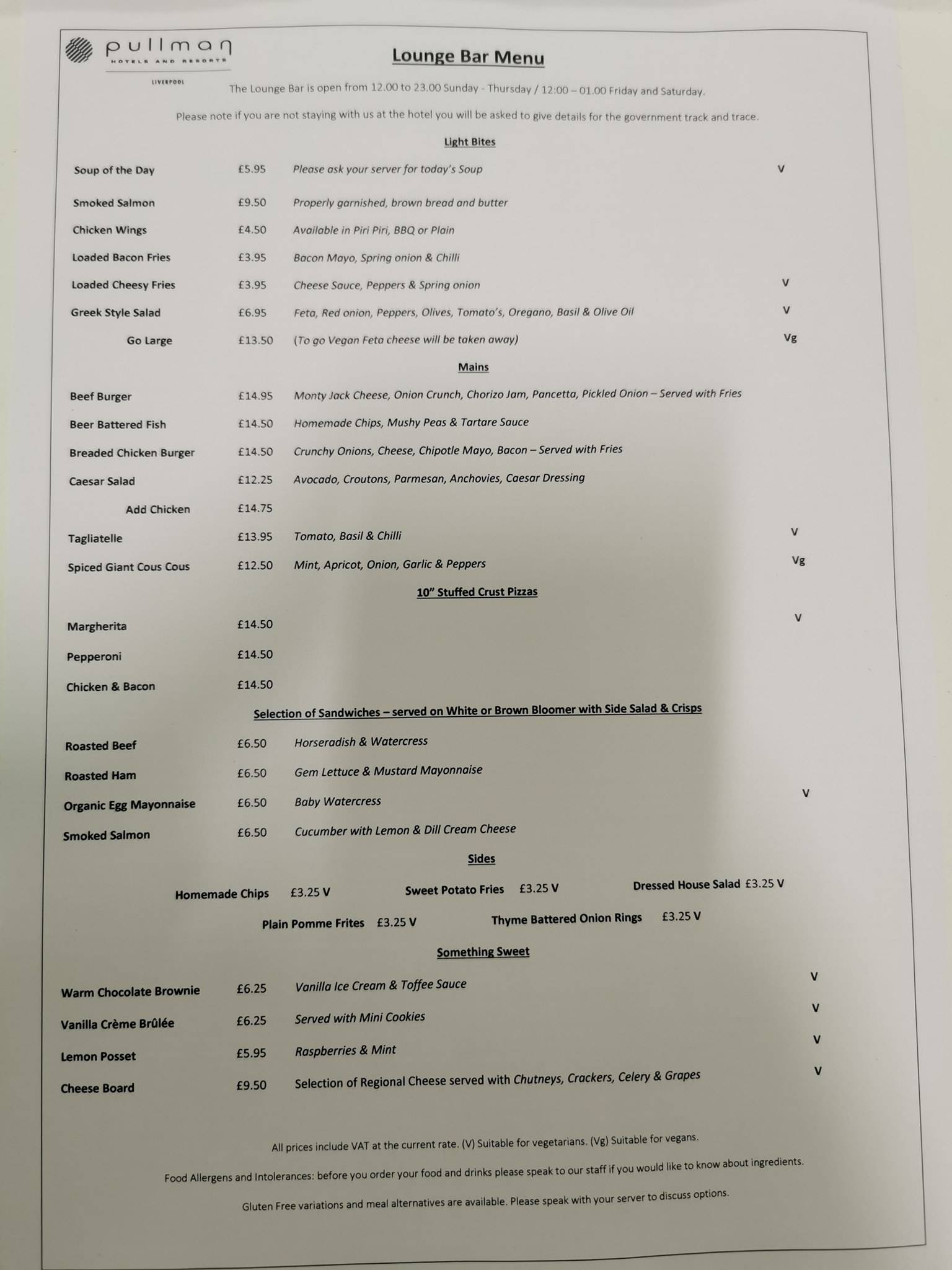 Menu at Pullman Liverpool restaurant, Liverpool