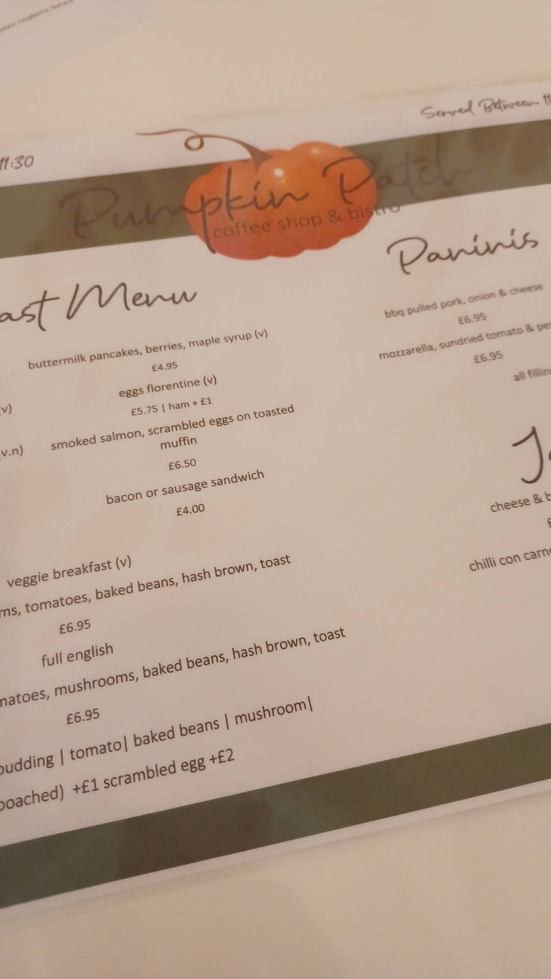 Menu at Pumpkin Patch cafe, Cannock