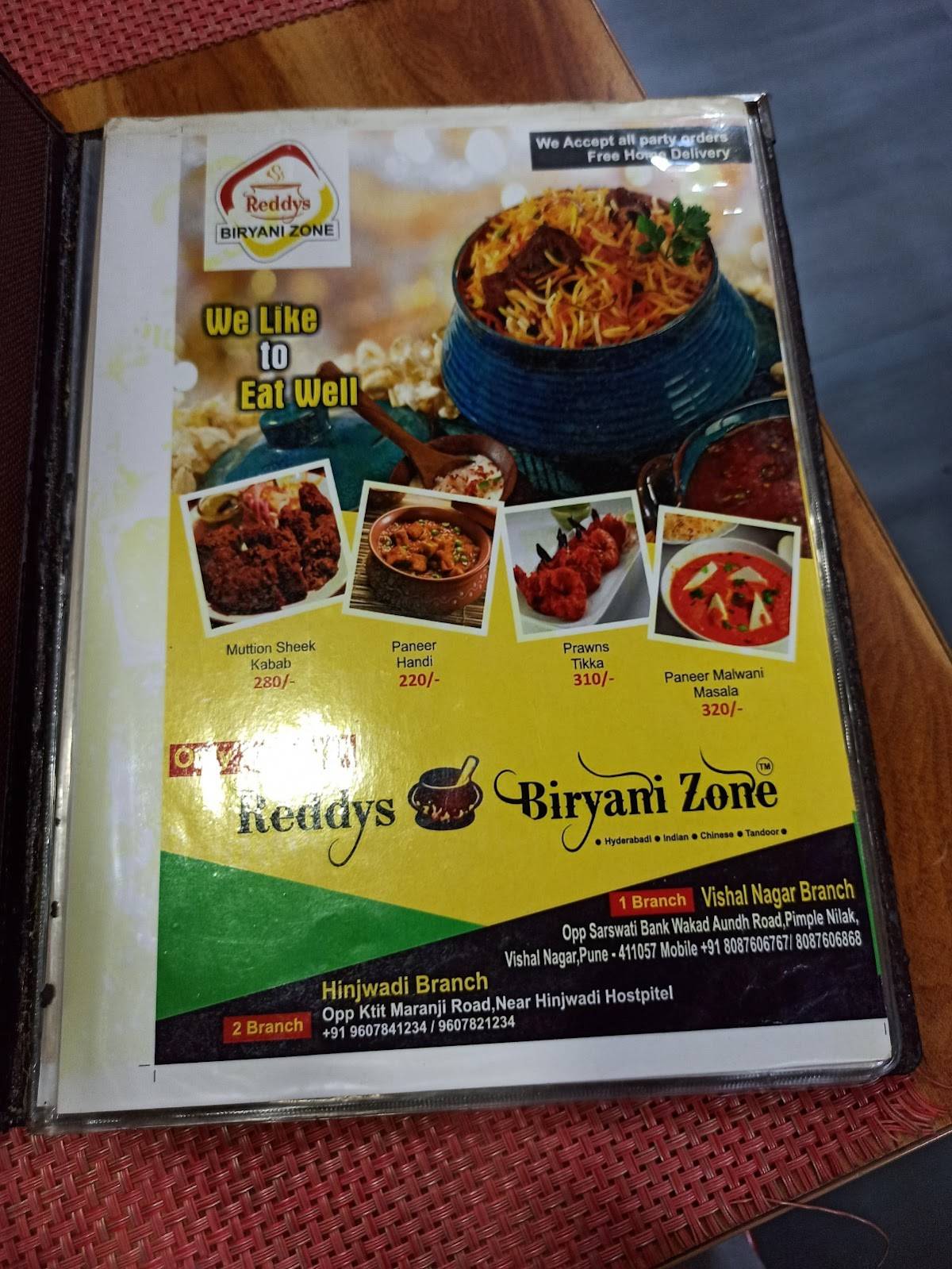 Menu at Reddy's Biryani Zone, Pune, OPP kpit near hinjewadi hospital
