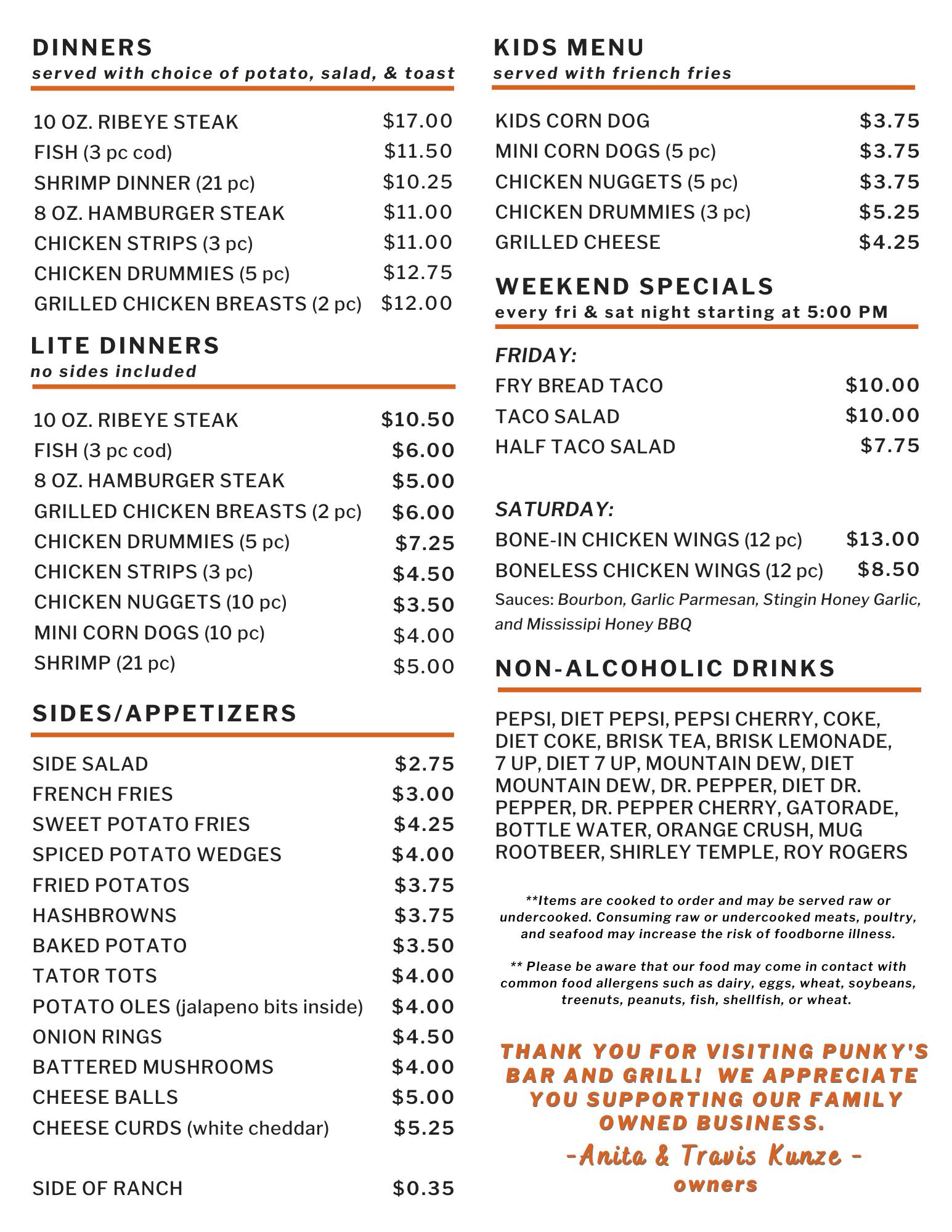 Menu at Punky's Bar & Grill, Dazey