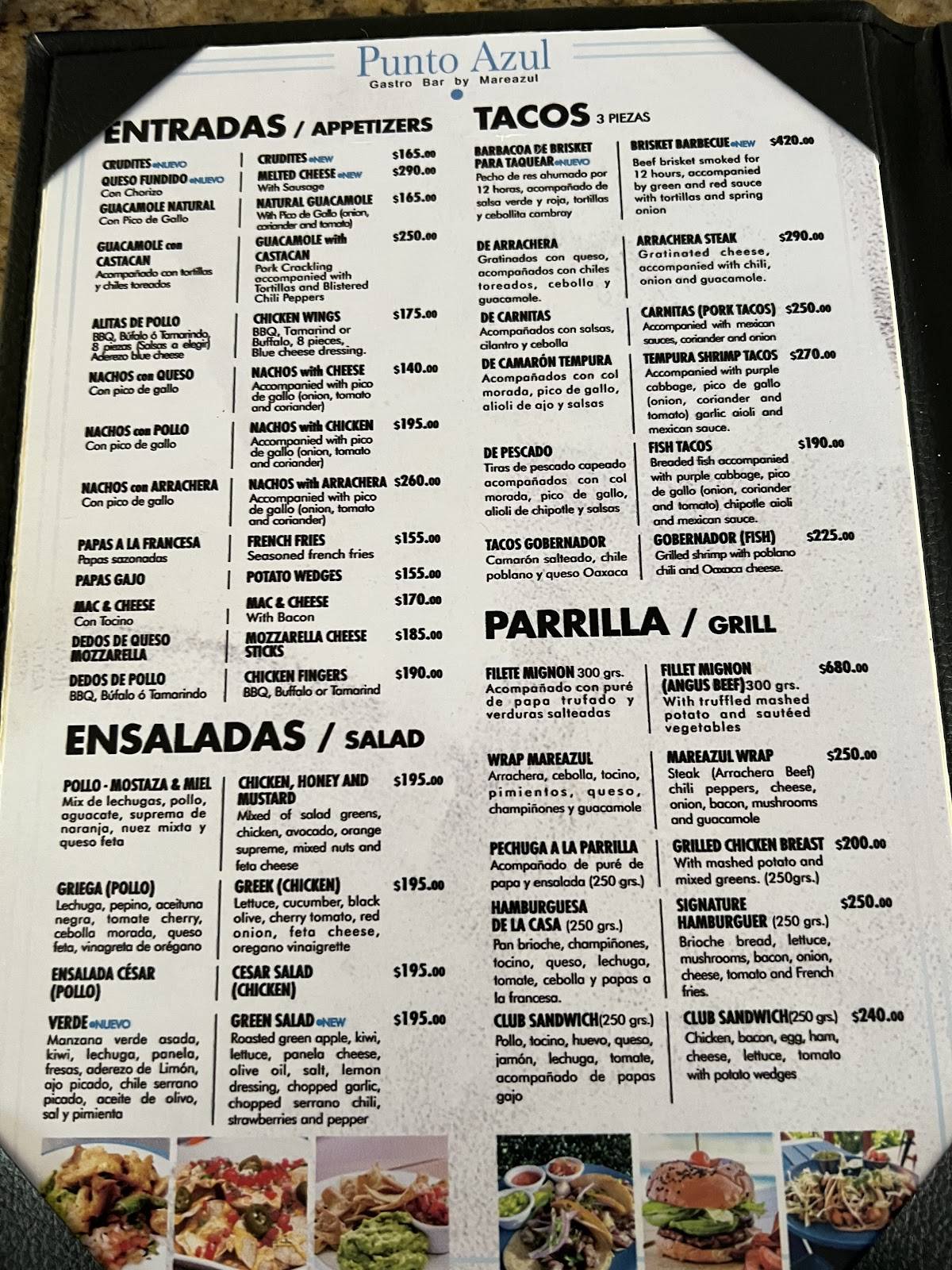 Menu at Punto Azul restaurant, Playa del Carmen