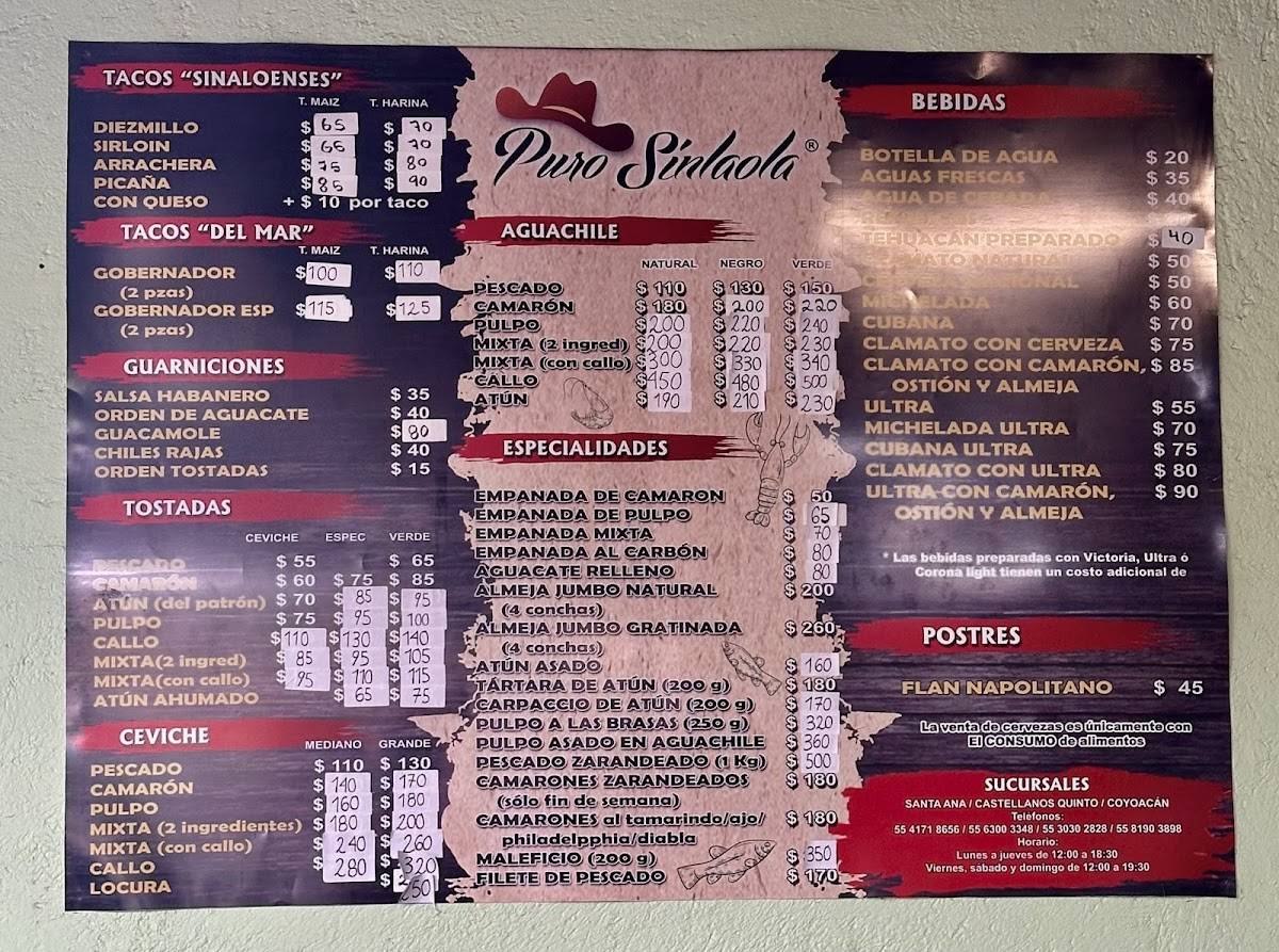 Carta del restaurante Puro Sinaloa, Ciudad del México, Ejido del San ...