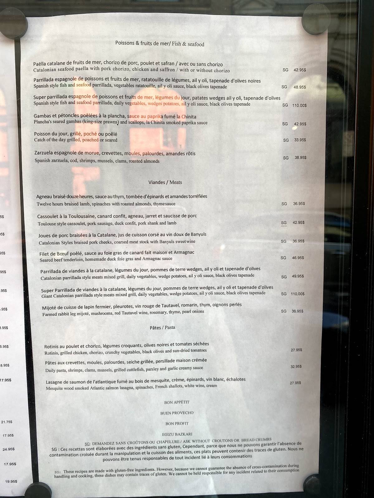 Menu au Les Pyrénées restaurant, Montréal