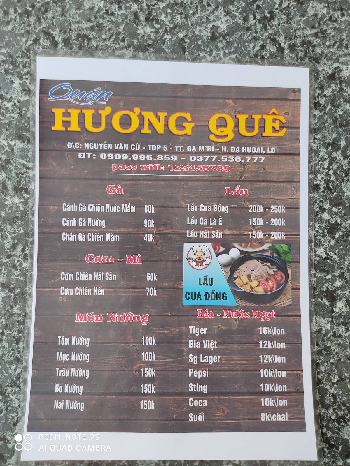 Menu at Quán Hương Quê restaurant, Vietnam, 93 Đ. Nguyễn Văn Cừ