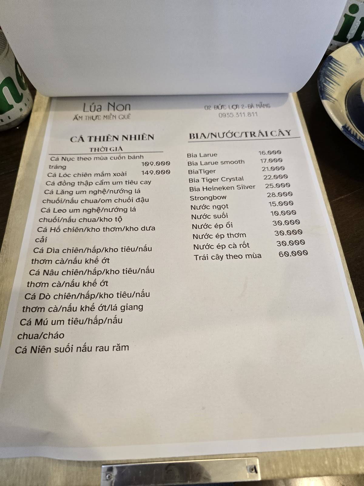 Menu at Quán Lúa Non restaurant, Da Nang