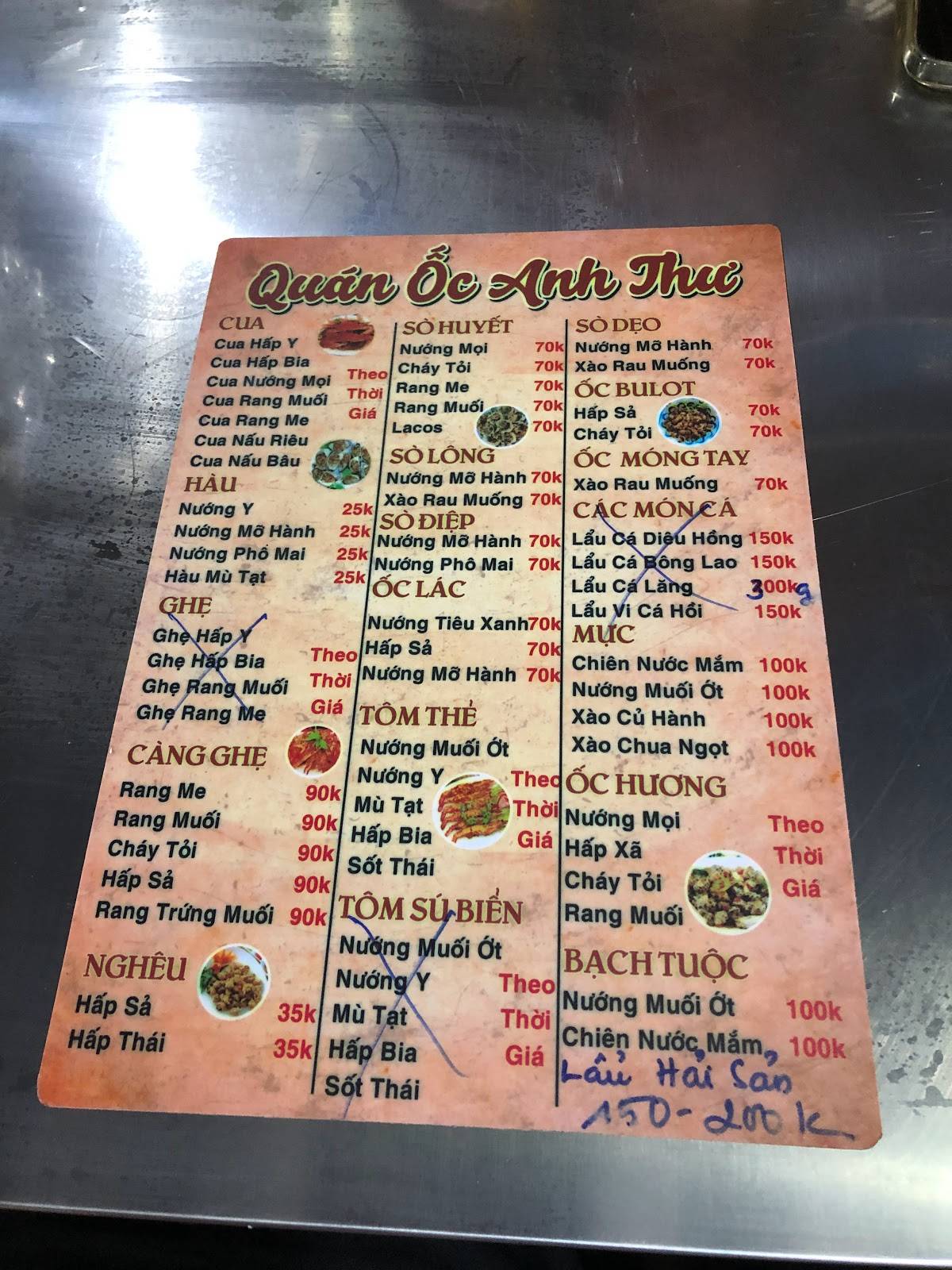Menu at Quán Ốc Anh Thư restaurant, Tây Ninh