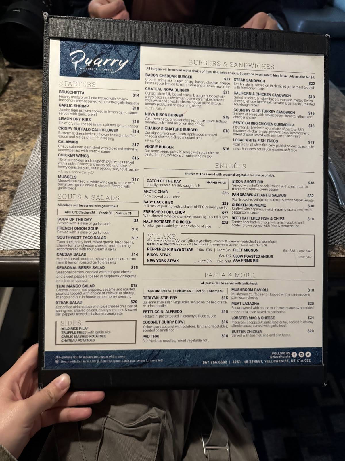 Menu at Quarry Restaurant + Lounge, Yellowknife