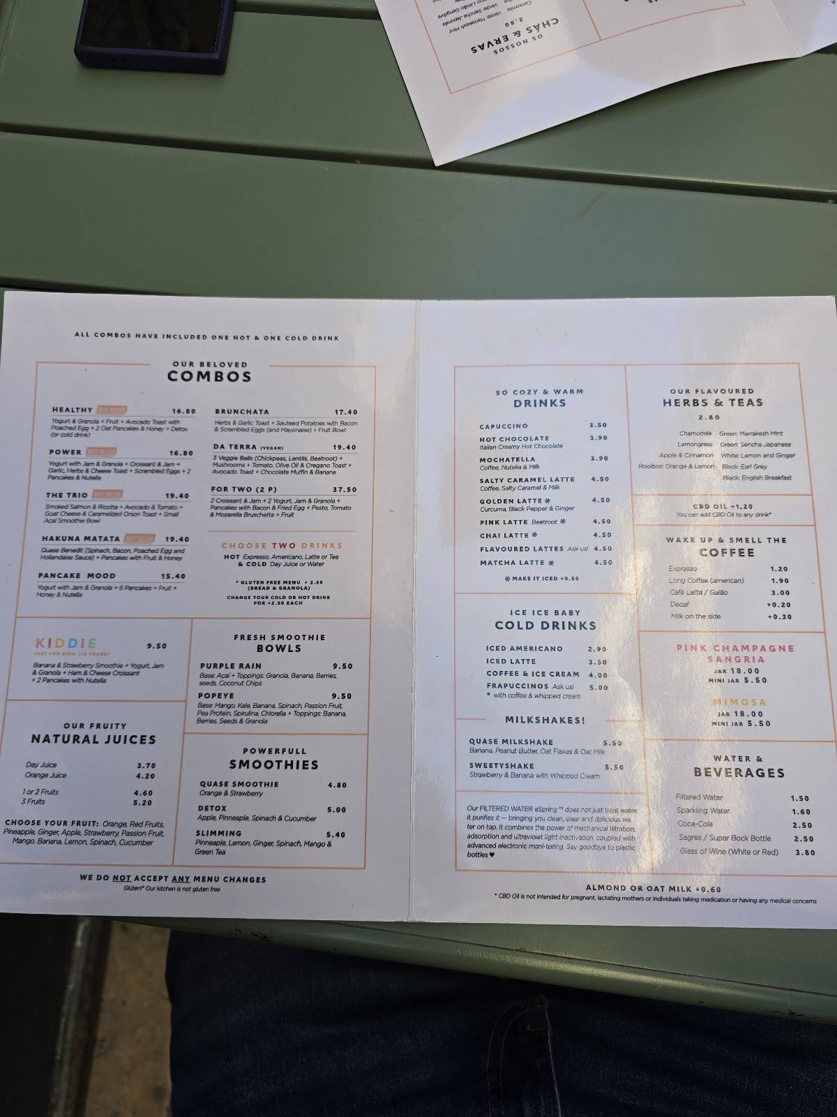 Menu at Quase Café, Lisbon